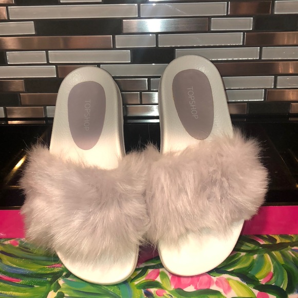 Topshop | Shoes | Topshop Silverwhite Fur Slides | Poshmark